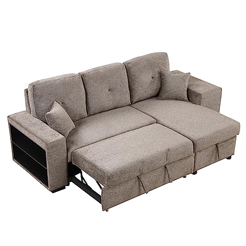 Bellemave Reversible Sectional Sofa Couch, L-Shape 3-Seater Sofa, Pull Out Sleeper Sofa Upholstered Couch 95" Sleeper Sofa with Side Shelf and 2 Stools for Living Room (Knox Charcoal)