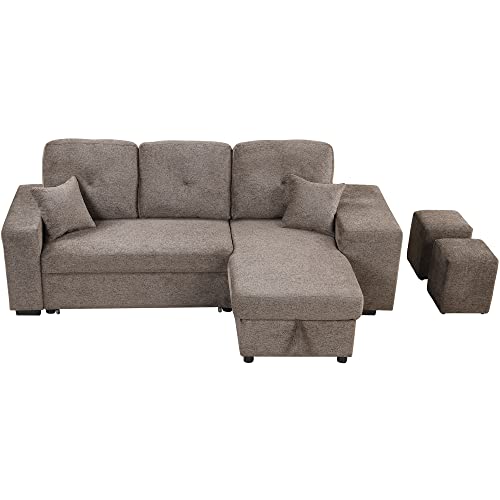 Bellemave Reversible Sectional Sofa Couch, L-Shape 3-Seater Sofa, Pull Out Sleeper Sofa Upholstered Couch 95" Sleeper Sofa with Side Shelf and 2 Stools for Living Room (Knox Charcoal)