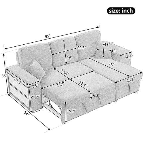 Bellemave Reversible Sectional Sofa Couch, L-Shape 3-Seater Sofa, Pull Out Sleeper Sofa Upholstered Couch 95" Sleeper Sofa with Side Shelf and 2 Stools for Living Room (Knox Charcoal)