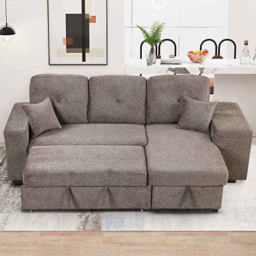 Bellemave Reversible Sectional Sofa Couch, L-Shape 3-Seater Sofa, Pull Out Sleeper Sofa Upholstered Couch 95" Sleeper Sofa with Side Shelf and 2 Stools for Living Room (Knox Charcoal)