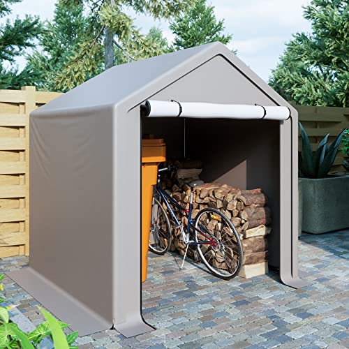 6x6 ft Outdoor Storage Shelter Shed, Portable Garage Tent with Roll-up Doors Shelter for Garden Tool, Lawn Mower, Motorcycleand, Bike - Gray