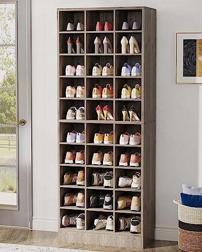 Tribesigns 10-Tier Shoe Storage Cabinet, Gray Wooden Shoe Rack with 30 Cubbies, Freestanding Tall Entryway Shoe Organizer for Closet, Entryway, Living Room