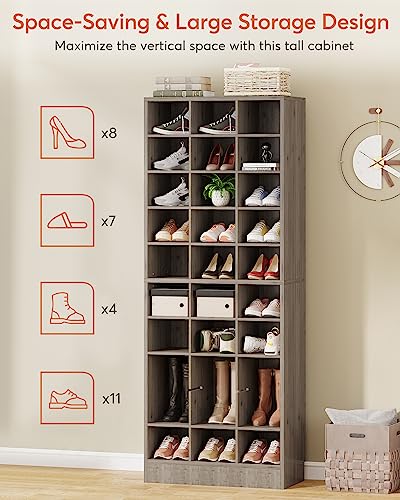 Tribesigns 10-Tier Shoe Storage Cabinet, Gray Wooden Shoe Rack with 30 Cubbies, Freestanding Tall Entryway Shoe Organizer for Closet, Entryway, Living Room