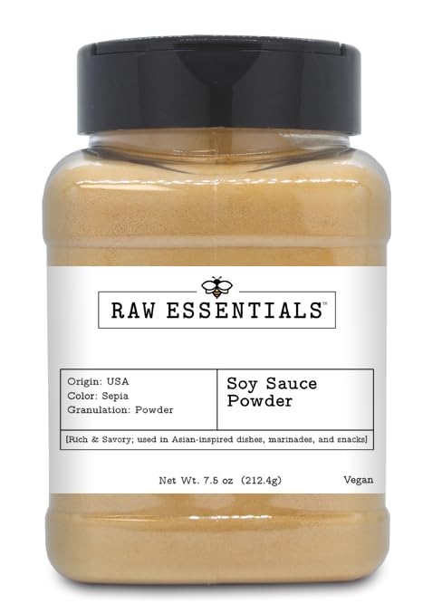 Raw Essentials Soy Sauce Powder | Rich Umami Flavor | Perfect for Asian Dishes, Marinades, and Snacks | Vegan | 7 Ounce Bottle