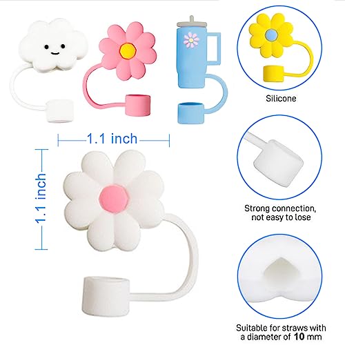 Flower Straw Cover Cap for Stanley Cup Silicone Straw Topper Compatible with 30&40 Oz Tumbler with Handle,Straw Tip Covers 10mm 0.4in for Straw Tip Covers (5Pcs Straw Cover)