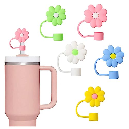 Flower Straw Cover Cap for Stanley Cup Silicone Straw Topper Compatible with 30&40 Oz Tumbler with Handle,Straw Tip Covers 10mm 0.4in for Straw Tip Covers (5Pcs Flower Straw Cover)