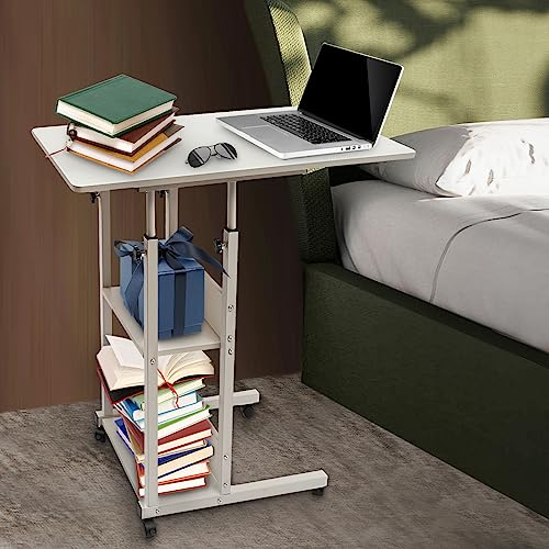 biniliubi C-Shaped Side Table Adjustable, Height Adjustable C Table with Wheels and Storage Shelves for Couch Bed Recliner