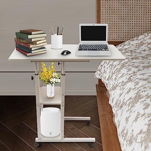 biniliubi C-Shaped Side Table Adjustable, Height Adjustable C Table with Wheels and Storage Shelves for Couch Bed Recliner