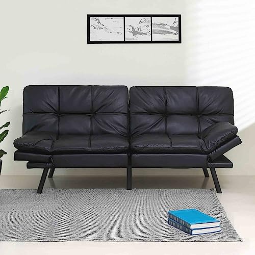 71”Convertible Futon Sofa Bed, Modern Leather Sleeper Couch with Adjustable Armrest and Backrest, Folding Upholstered Loveseat with Metal Legs, Memory Foam Living Seat for Apartment/Office, Black