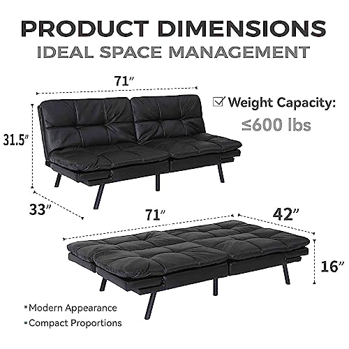 71”Convertible Futon Sofa Bed, Modern Leather Sleeper Couch with Adjustable Armrest and Backrest, Folding Upholstered Loveseat with Metal Legs, Memory Foam Living Seat for Apartment/Office, Black