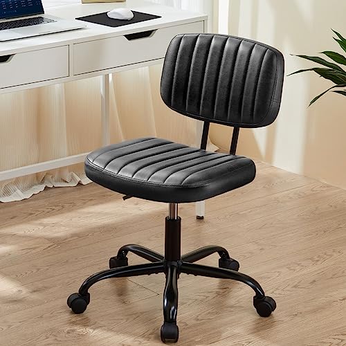 Armless Desk Chair - Small Home Office Chair with Wheels, PU Leahter Low Back Vanity Chair with Lumbar Support, Adjustable Height 360° Rolling Swivel Computer Task Chair without Arm for Small Space