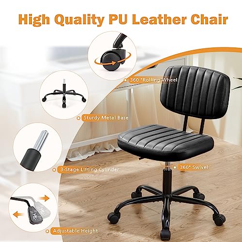 Armless Desk Chair - Small Home Office Chair with Wheels, PU Leahter Low Back Vanity Chair with Lumbar Support, Adjustable Height 360° Rolling Swivel Computer Task Chair without Arm for Small Space