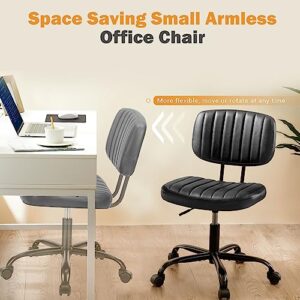 Armless Desk Chair - Small Home Office Chair with Wheels, PU Leahter Low Back Vanity Chair with Lumbar Support, Adjustable Height 360° Rolling Swivel Computer Task Chair without Arm for Small Space