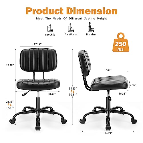 Armless Desk Chair - Small Home Office Chair with Wheels, PU Leahter Low Back Vanity Chair with Lumbar Support, Adjustable Height 360° Rolling Swivel Computer Task Chair without Arm for Small Space