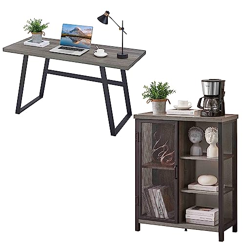 BON AUGURE Farmhouse Coffee Bar Cabinet with Storage, Industrial Sturdy Office Computer Desk, Wood and Metal Furniture Set for Home Office (Dark Gray Oak)