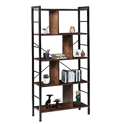 BETTAHOME Tall 5-Tier Bookshelf, 61'' Tall Open Book Shelf, Industrial Wooden Bookcase, Display Storage Organizer for Home Office, Bedroom, Living Room, Rustic Brown and Black