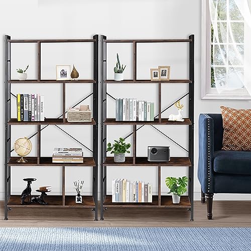 BETTAHOME Tall 5-Tier Bookshelf, 61'' Tall Open Book Shelf, Industrial Wooden Bookcase, Display Storage Organizer for Home Office, Bedroom, Living Room, Rustic Brown and Black