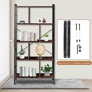 BETTAHOME Tall 5-Tier Bookshelf, 61'' Tall Open Book Shelf, Industrial Wooden Bookcase, Display Storage Organizer for Home Office, Bedroom, Living Room, Rustic Brown and Black