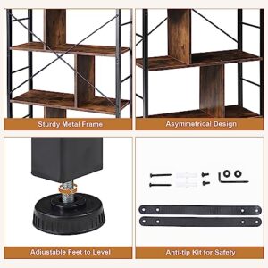 BETTAHOME Tall 5-Tier Bookshelf, 61'' Tall Open Book Shelf, Industrial Wooden Bookcase, Display Storage Organizer for Home Office, Bedroom, Living Room, Rustic Brown and Black