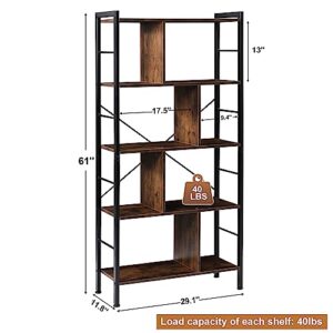 BETTAHOME Tall 5-Tier Bookshelf, 61'' Tall Open Book Shelf, Industrial Wooden Bookcase, Display Storage Organizer for Home Office, Bedroom, Living Room, Rustic Brown and Black