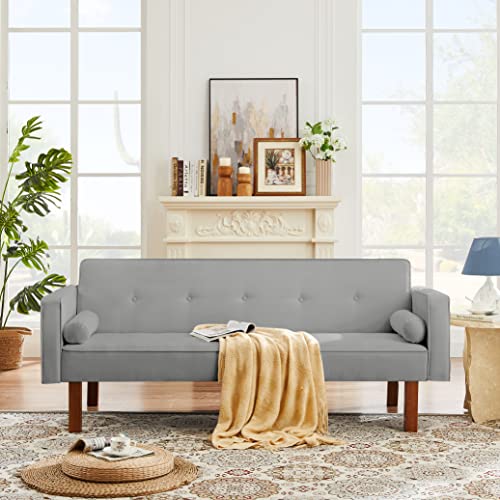 Verfur Upholstered Futon Sofa Bed for Small Spaces,74.4" Button Tufted 3 Seater Convertible Sleeper Couches Loveseat for Living Room,Bedroom and Office, Light Gray