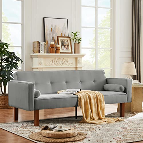 Verfur Upholstered Futon Sofa Bed for Small Spaces,74.4" Button Tufted 3 Seater Convertible Sleeper Couches Loveseat for Living Room,Bedroom and Office, Light Gray