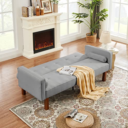 Verfur Upholstered Futon Sofa Bed for Small Spaces,74.4" Button Tufted 3 Seater Convertible Sleeper Couches Loveseat for Living Room,Bedroom and Office, Light Gray