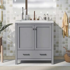 Appot AT-SV000010AAG Multifunctional 30" Vanity with Single, Combo Undermount Sink, Bathroom Storage Cabinet with 2 Doors and A Drawer, Soft Closing, Solid Wood Frame, Grey