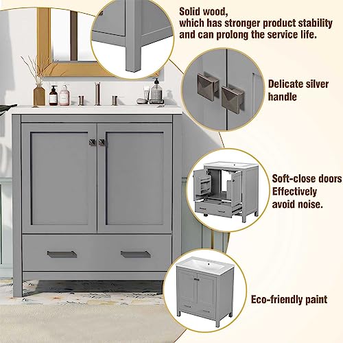 Appot AT-SV000010AAG Multifunctional 30" Vanity with Single, Combo Undermount Sink, Bathroom Storage Cabinet with 2 Doors and A Drawer, Soft Closing, Solid Wood Frame, Grey