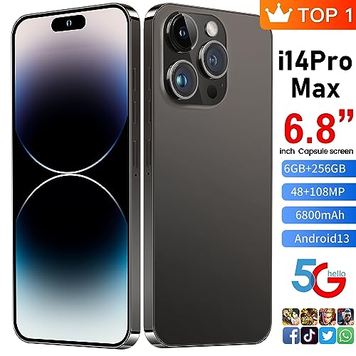 MMY I14 Pro MAX Unlocked Cell Phone, Long Battery Life 6.82" HD Screen Unlocked Phones, 6+256GB Android 13 Smartphone with 128G Memory Card, Dual SIM/Fingerprint Lock/Face ID/GPS - Black