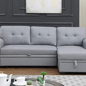 Eafurn L Shaped Convertible Sleeper Sofa with Reversible Chaise,3 in 1 Pull Out Couch Bed with Storage,Upholstered Fabric Sectional Corner Sofa & Couches Sofabed, Gray Leather