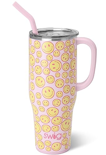 Swig Life 40oz Mega Mug | 40 oz Tumbler with Handle and Straw, Cup Holder Friendly, Dishwasher Safe, Extra Large Insulated Tumbler, Stainless Steel Travel Mugs for Hot and Cold Drinks (Oh Happy Day)