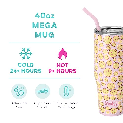 Swig Life 40oz Mega Mug | 40 oz Tumbler with Handle and Straw, Cup Holder Friendly, Dishwasher Safe, Extra Large Insulated Tumbler, Stainless Steel Travel Mugs for Hot and Cold Drinks (Oh Happy Day)