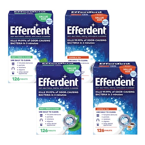 Efferdent Denture Care, Variety Pack, Mint Denture Cleanser Tablets (126 CT), & Retainer & Denture Cleaner Tablets (Coffee & Tee) (126ct) (2 of each)