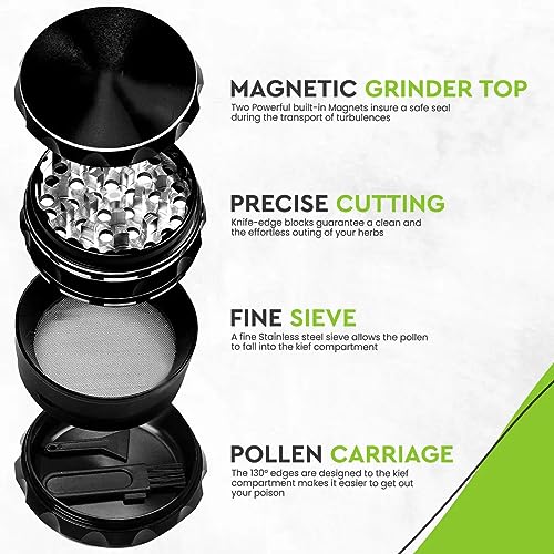 Spice Grinder Large 3 Inch, Manual Herb Grinder 4 parts Aluminum Alloy for Kitchen recreation Premium Quality (Black, 3 Inch)