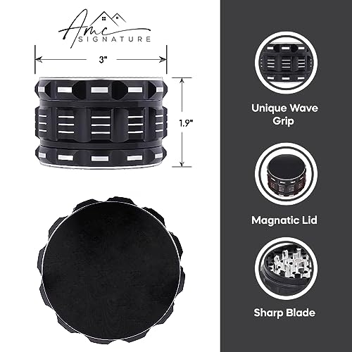 Spice Grinder Large 3 Inch, Manual Herb Grinder 4 parts Aluminum Alloy for Kitchen recreation Premium Quality (Black, 3 Inch)