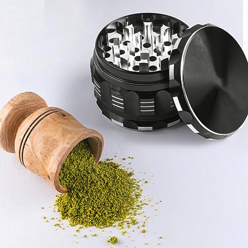 Spice Grinder Large 3 Inch, Manual Herb Grinder 4 parts Aluminum Alloy for Kitchen recreation Premium Quality (Black, 3 Inch)