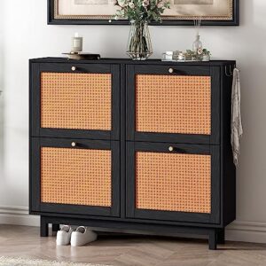 angel sar rattan shoe cabinet for entryway, freestanding slim shoe storage cabinet with 4 flip drawers, narrow shoe storage organizer for bedroom, living room, hallway, black