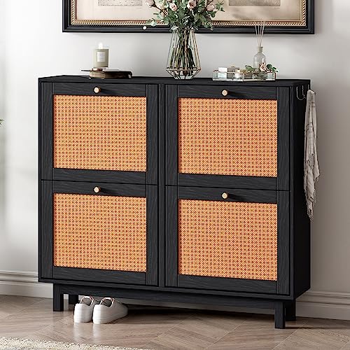 Angel Sar Rattan Shoe Cabinet for Entryway, Freestanding Slim Shoe Storage Cabinet with 4 Flip Drawers, Narrow Shoe Storage Organizer for Bedroom, Living Room, Hallway, Black