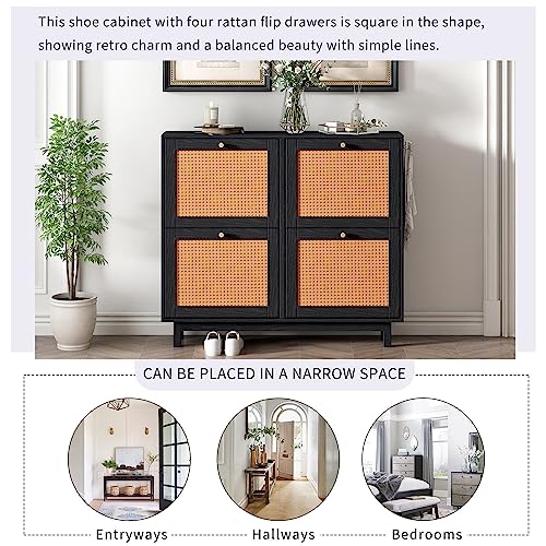 Angel Sar Rattan Shoe Cabinet for Entryway, Freestanding Slim Shoe Storage Cabinet with 4 Flip Drawers, Narrow Shoe Storage Organizer for Bedroom, Living Room, Hallway, Black