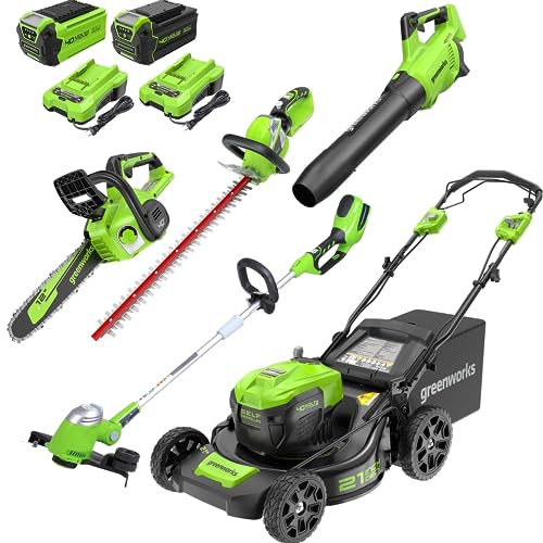 Greenworks 40V 21" Cordless Self-Propelled Lawn Mower,(500 CFM/120 MPH) Axial Leaf Blower,13" String Trimmer,Cordless Hedge Trimmer,12" Chainsaw Combo Kit w/ (1) 5Ah (1)2AH Battery, (2) 2A Chargers