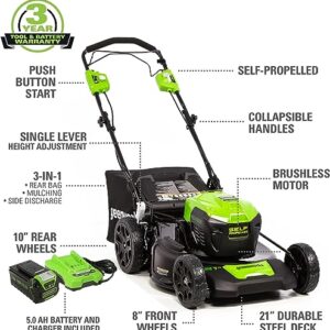 Greenworks 40V 21" Cordless Self-Propelled Lawn Mower,(500 CFM/120 MPH) Axial Leaf Blower,13" String Trimmer,Cordless Hedge Trimmer,12" Chainsaw Combo Kit w/ (1) 5Ah (1)2AH Battery, (2) 2A Chargers