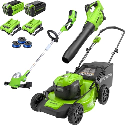 Greenworks 40V 20" Cordless Lawn Mower,(500 CFM/120 MPH) Axial Leaf Blower,13" String Trimmer with 3 replacement spools,Combo Kit w/ (1) 5Ah (1)2AH Battery, (2) 2A Chargers