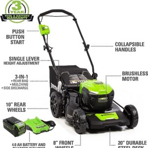 Greenworks 40V 20" Cordless Lawn Mower,(500 CFM/120 MPH) Axial Leaf Blower,13" String Trimmer with 3 replacement spools,Combo Kit w/ (1) 5Ah (1)2AH Battery, (2) 2A Chargers