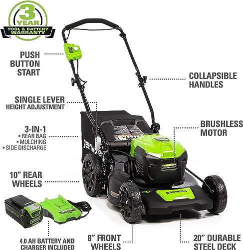 Greenworks 40V 20" Cordless Lawn Mower,(500 CFM/120 MPH) Axial Leaf Blower,13" String Trimmer with 3 replacement spools,Combo Kit w/ (1) 5Ah (1)2AH Battery, (2) 2A Chargers