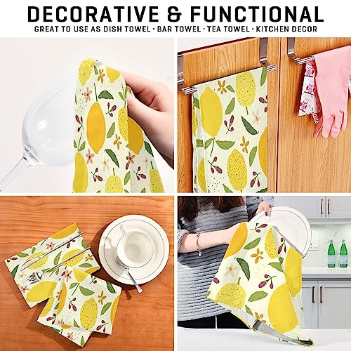 FUGIDOG Kitchen Dish Towels Set of 4, Lemon Flower Ultra Soft Absorbent Kitchen Towels Tea Towels Hand Towels Quick Drying Reusable Cleaning Cloths, 18 x 28 inch