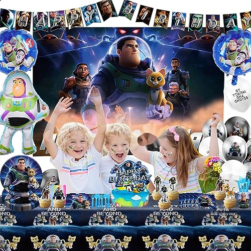 185Pcs Buzz Lightyear Birthday Party Decorations, Buzz Lightyear Party Decorations for Kids, Include Banner,Cake Topper, Cupcake Topper,Tablecloth, Backdrop,Balloons,Foil Balloons,Tableware,Invitation Cards