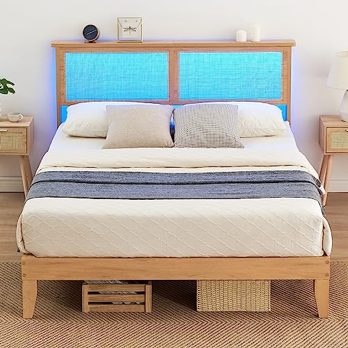 GAOMON Queen Bed Frame with Natural Rattan Headboard, Queen Size Platform Bed Frame with LED Lights & Curved Rattan Headboard & Wooden Support Legs, No Box Spring Needed, Easy Assembly