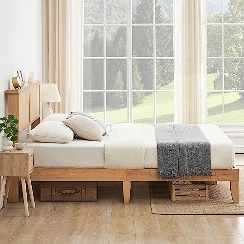 GAOMON Queen Bed Frame with Natural Rattan Headboard, Queen Size Platform Bed Frame with LED Lights & Curved Rattan Headboard & Wooden Support Legs, No Box Spring Needed, Easy Assembly