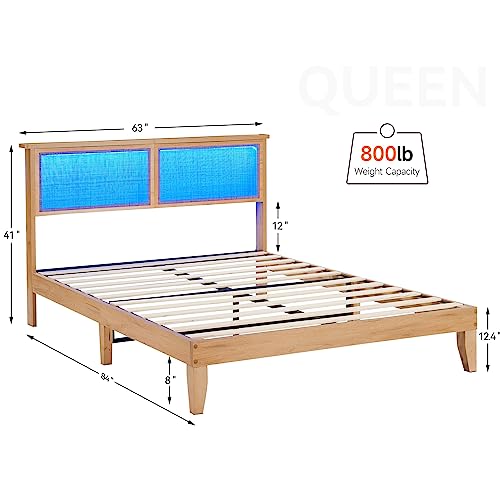 GAOMON Queen Bed Frame with Natural Rattan Headboard, Queen Size Platform Bed Frame with LED Lights & Curved Rattan Headboard & Wooden Support Legs, No Box Spring Needed, Easy Assembly